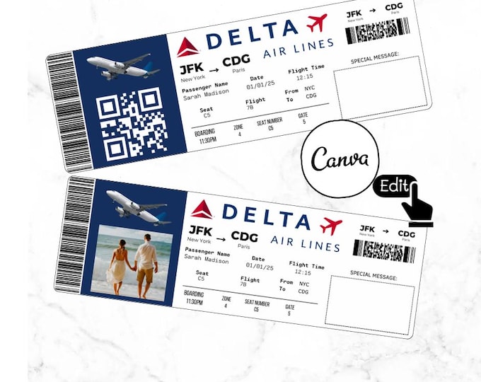Editable Boarding Pass Ticket Template, Surprise Airline Gift, Delta ...