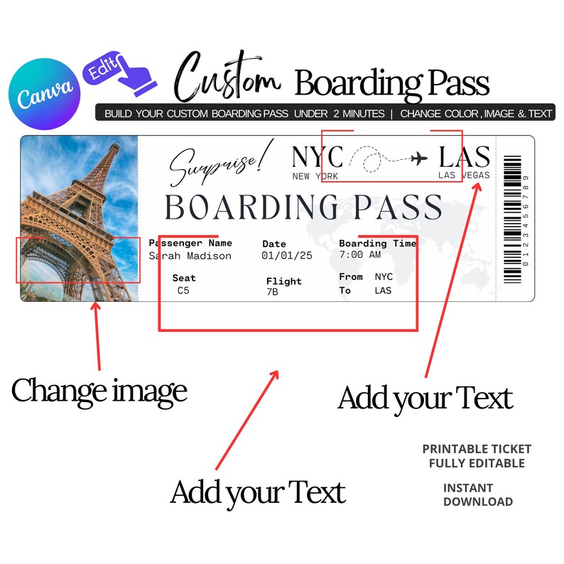 Editable Travel Ticket Template, DIY Airplane Ticket, Custom Airline ...