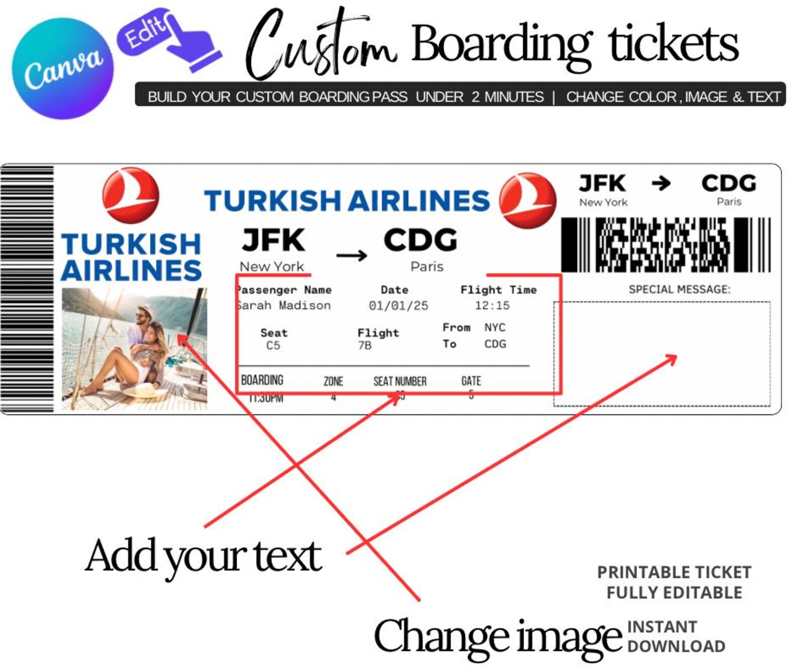 Editable Turkish Airlines Ticket Template, Custom Airline Ticket ...