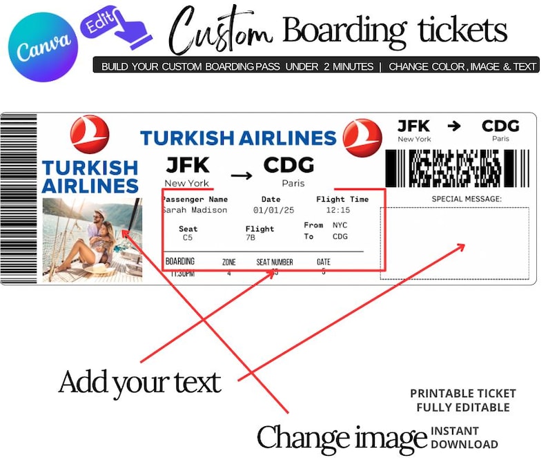 Editable Turkish Airlines Ticket Template, Custom Airline Ticket ...