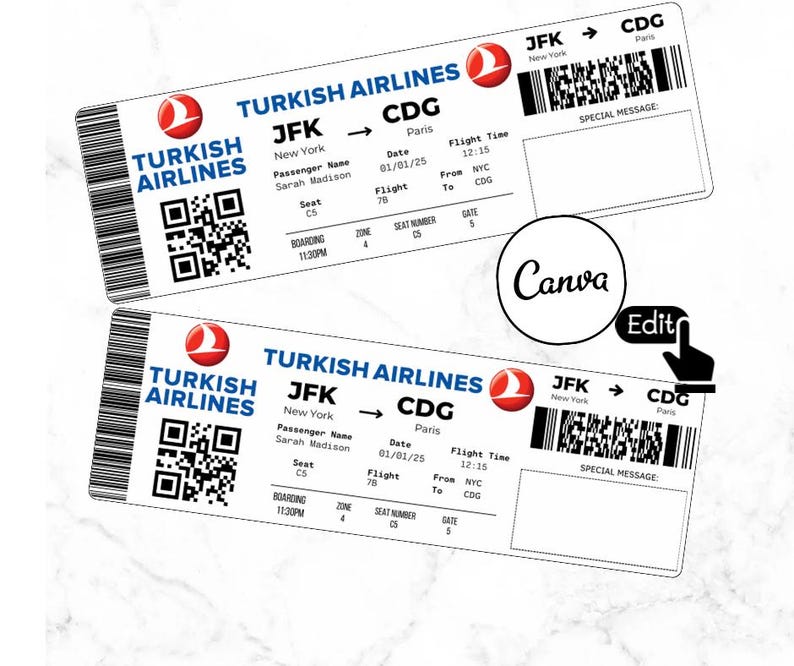 Editable Turkish Airlines Ticket Template, Custom Airline Ticket ...