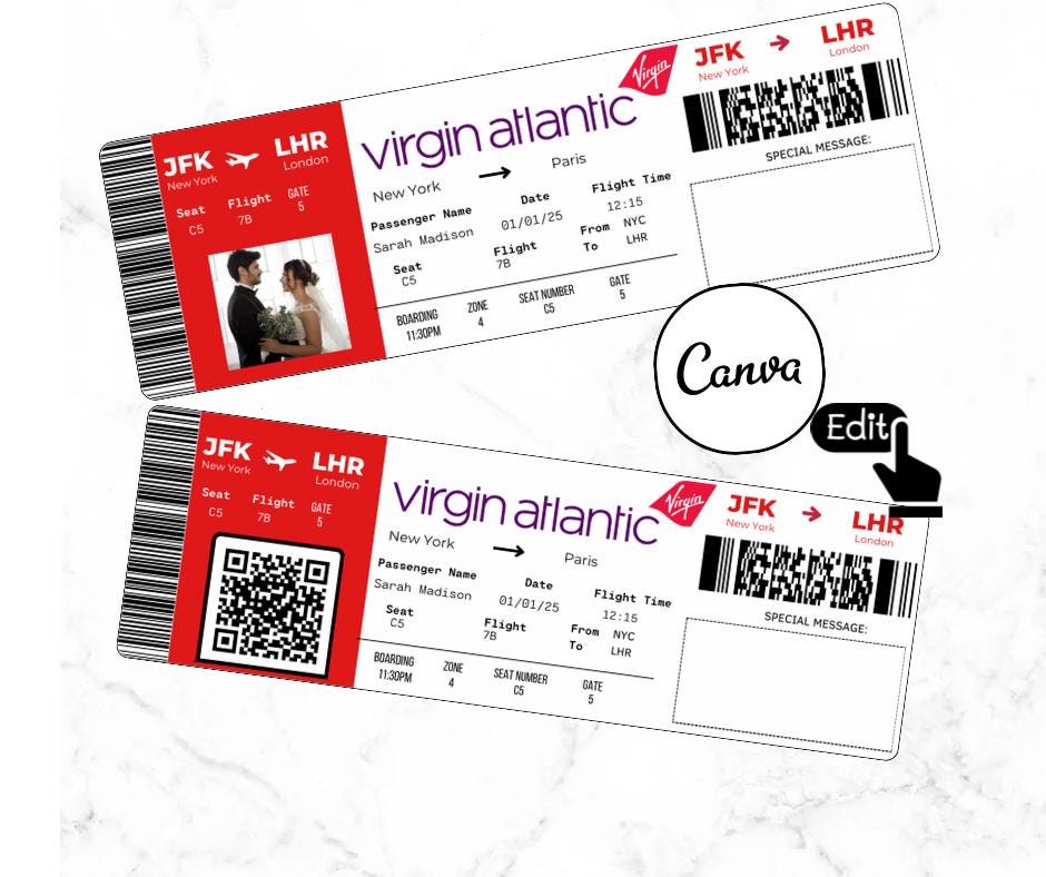 Editable Virgin Atlantic Airlines Ticket Template, Custom Ticket ...