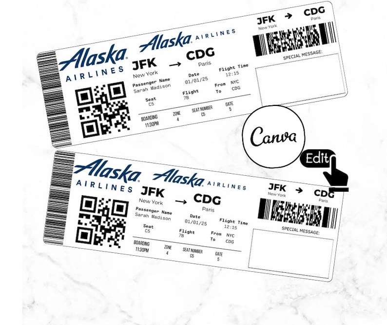 Editable Alaska Airlines Ticket Template, Custom Airline Ticket ...