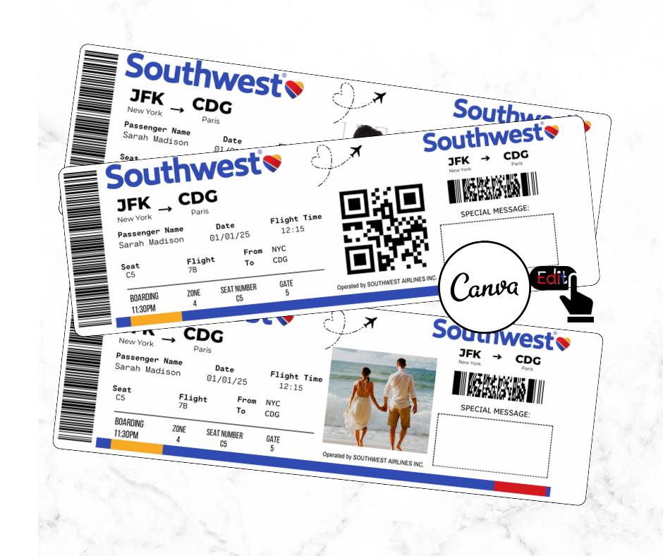 Editable Southwest Travel Ticket Template, Custom Airline Ticket Gift ...