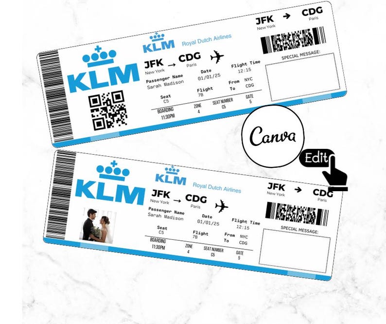Editable KLM Royal Airlines Ticket Template, Custom Airline Ticket ...
