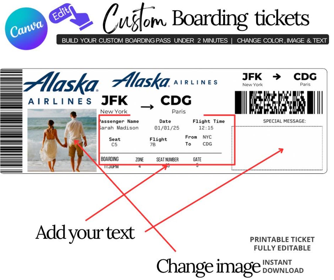 Editable Alaska Airlines Ticket Template, Custom Airline Ticket ...