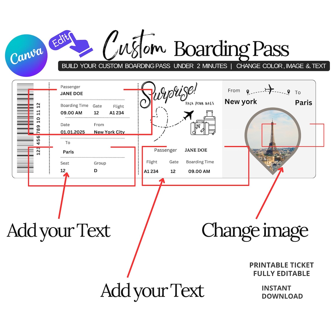 Editable Travel Ticket Template, DIY Airplane Ticket, Custom Airline Ticket Gift,surprise ...