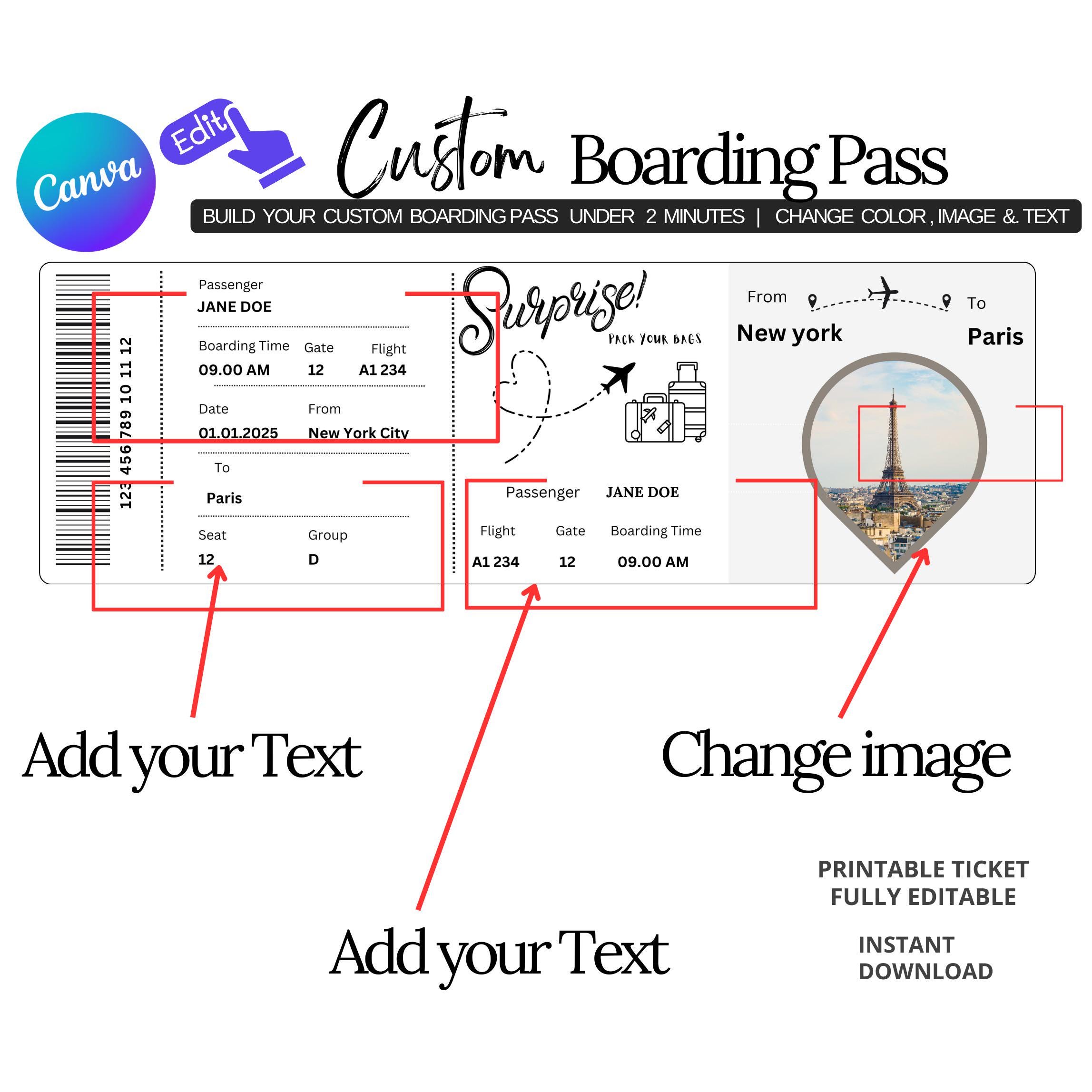 Editable Travel Ticket Template, DIY Airplane Ticket, Custom Airline ...
