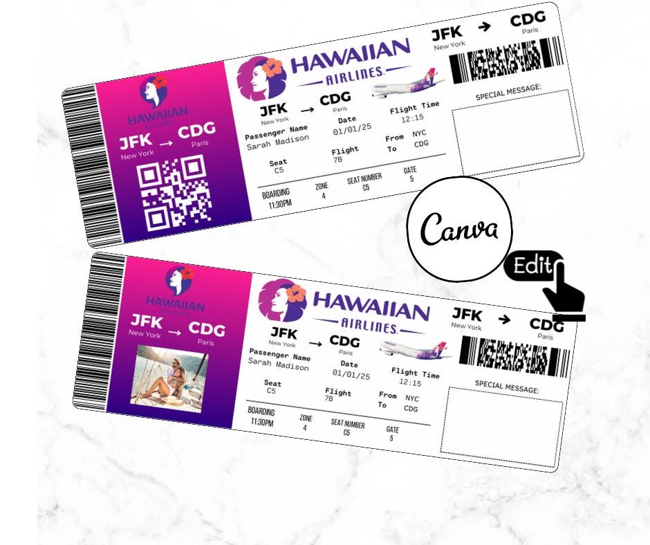 Editable Hawaiian Airlines Ticket Template, Custom Airline Ticket ...