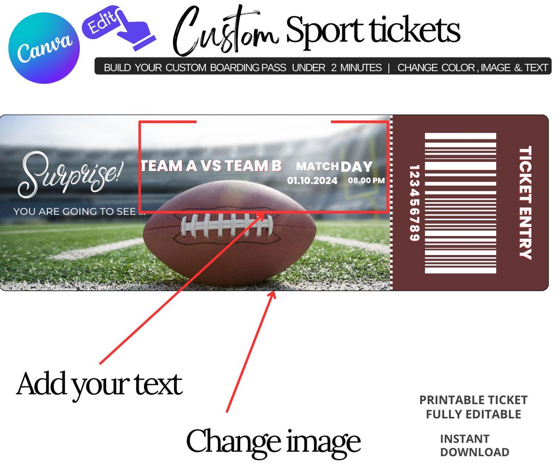 Editable Sports Ticket Template, DIY Football Ticket, Custom Sports ...