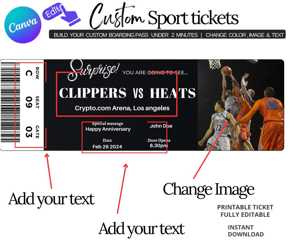 Editable Sports Ticket Template, DIY Basketball Ticket, Custom Sports ...