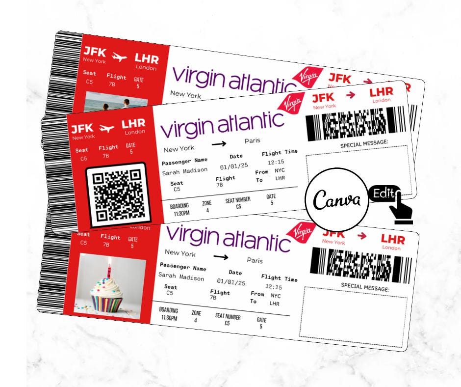 Editable Virgin Atlantic Airlines Ticket Template, Custom Ticket ...