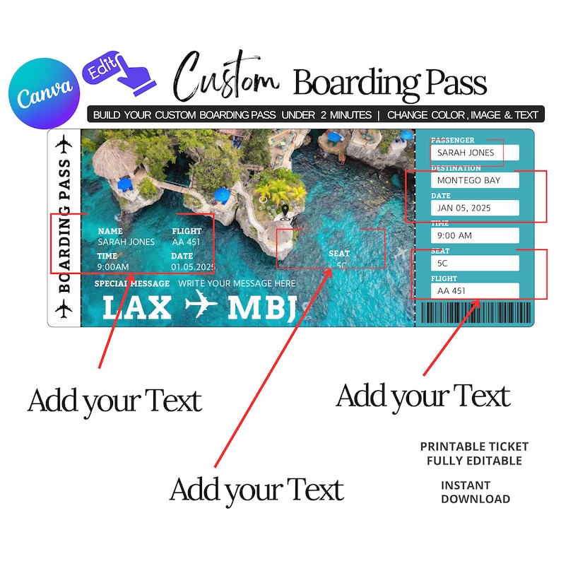 Editable Travel Ticket Template, DIY Airplane Ticket, Custom Airline Ticket Gift,surprise ...