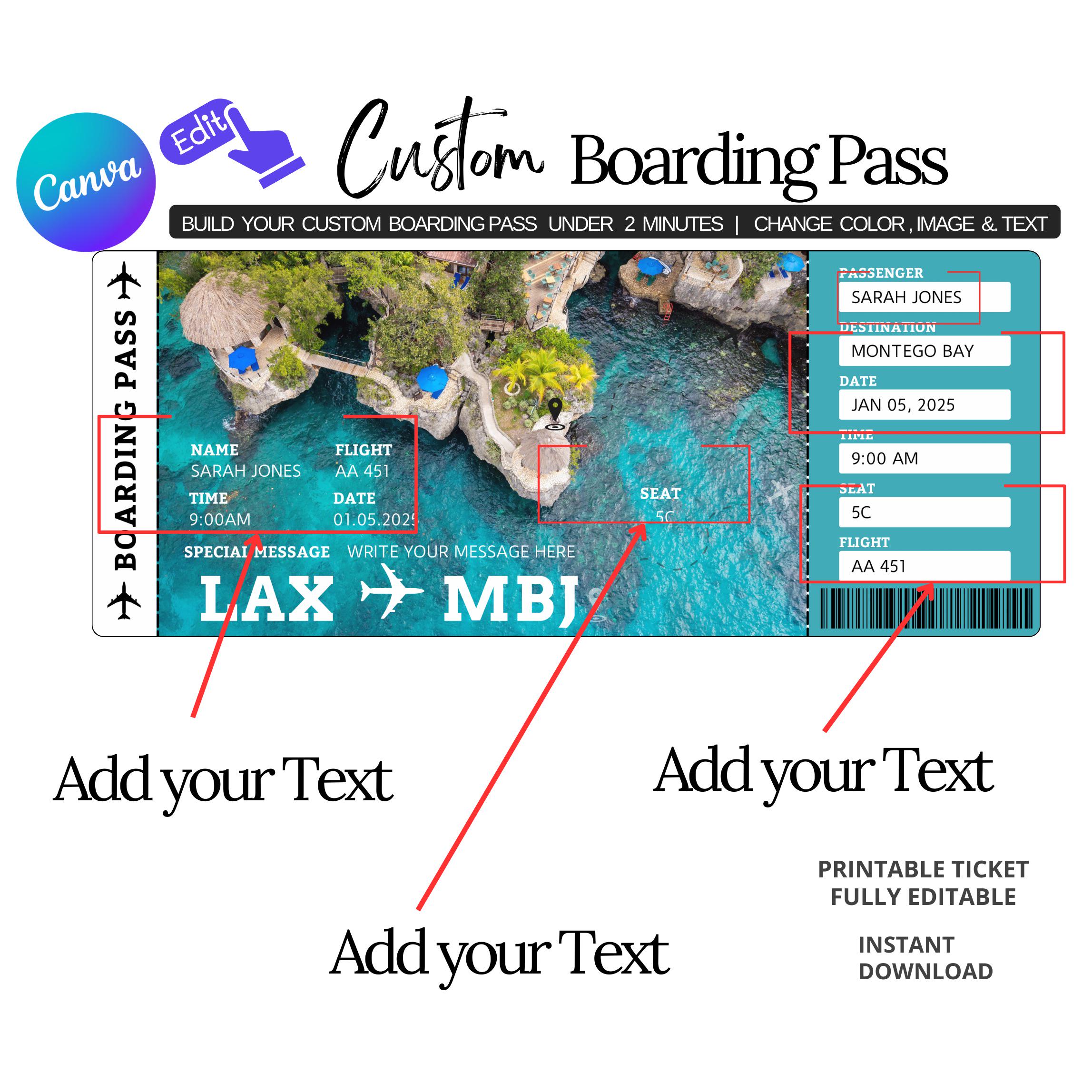 Editable Travel Ticket Template, DIY Airplane Ticket, Custom Airline ...