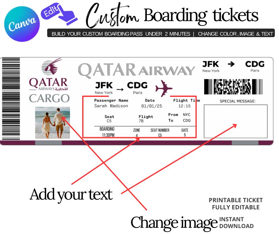 Editable QATAR Airways Ticket Template, Custom Airline Ticket Printable ...