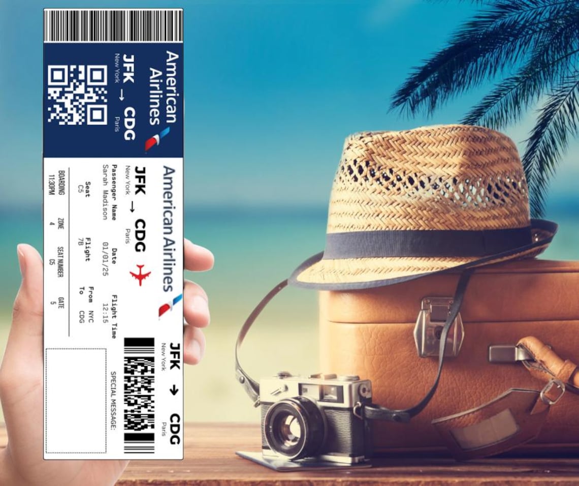 Editable American Airlines Ticket Template, Custom Airline AA Ticket Printable DIY Surprise ...