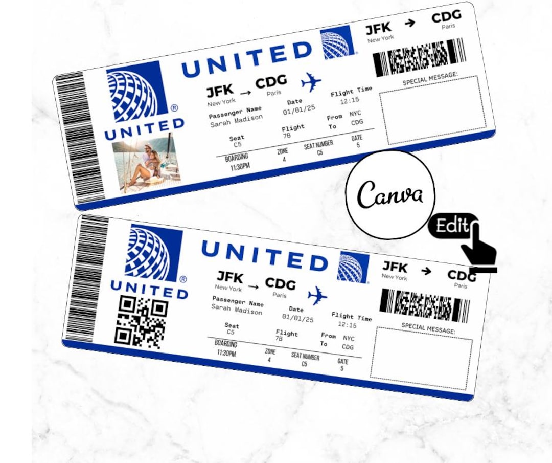 Editable United Airlines Ticket Template, Custom Airline Ticket Printable DIY Surprise Airline ...