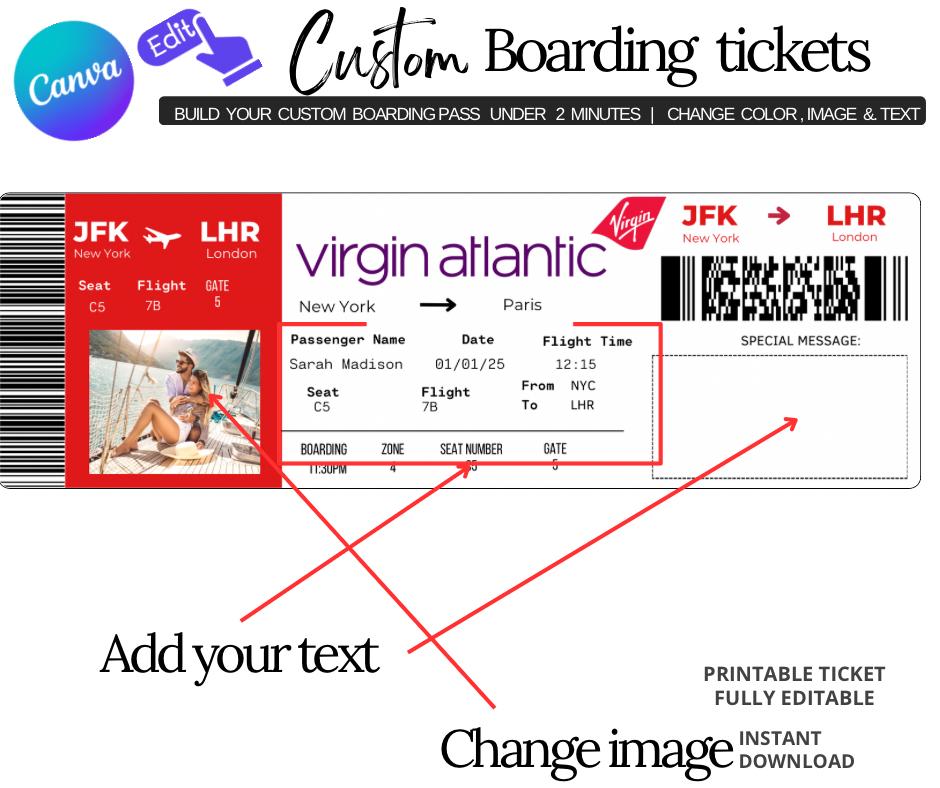 Editable Virgin Atlantic Airlines Ticket Template, Custom Ticket ...