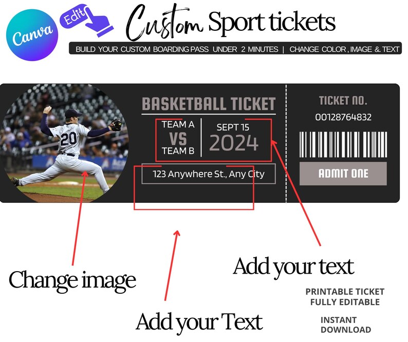 Editable Sports Ticket Template, DIY Baseball Ticket, Custom Sports ...