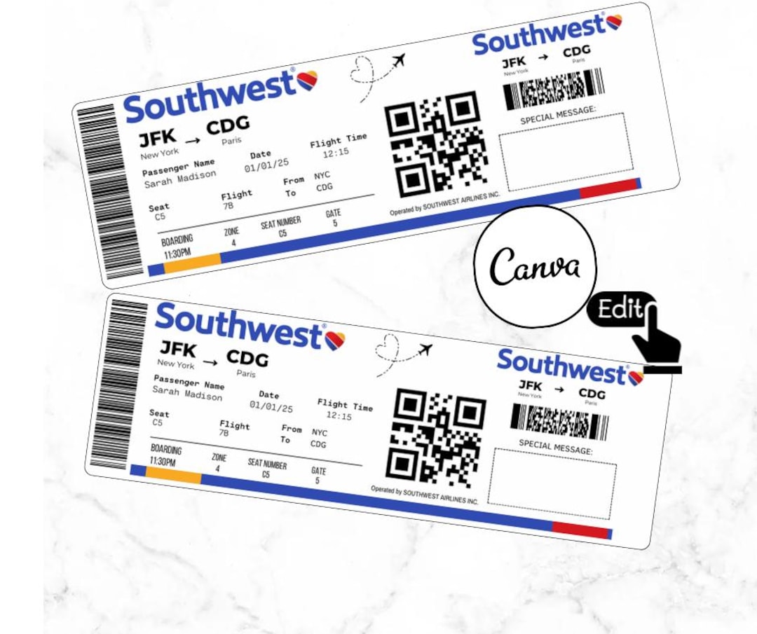 Editable Southwest Travel Ticket Template, Custom Airline Ticket Gift ...