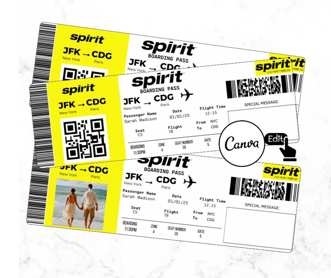Editable Spirit Travel Ticket Template, Custom Airline Ticket Gift ...