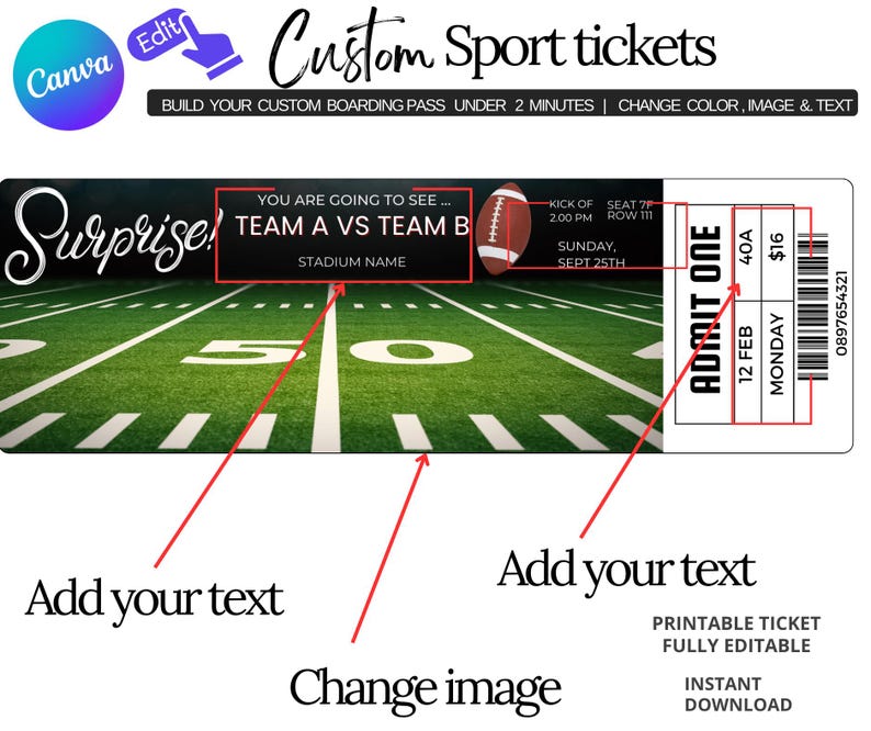 Editable Sports Ticket Template, DIY Football Ticket, Custom Sports ...