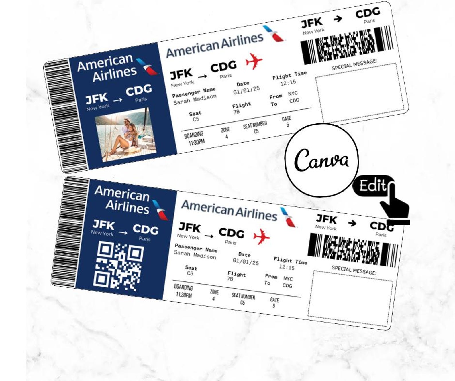Editable American Airlines Ticket Template, Custom Airline AA Ticket ...