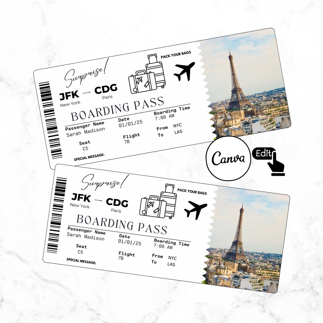 Editable Travel Ticket Template, DIY Airplane Ticket, Custom Airline ...