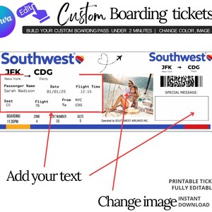 Editable Southwest Travel Ticket Template, Custom Airline Ticket Gift ...