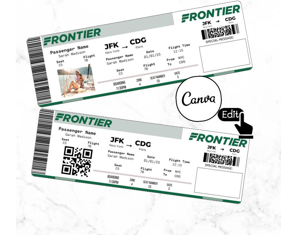 Editable Frontier Travel Ticket Template, Custom Airline Ticket Gift ...