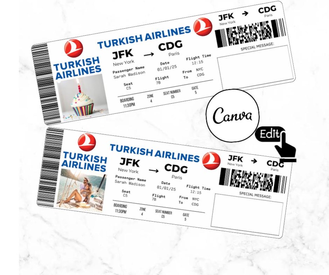 Editable Turkish Airlines Ticket Template, Custom Airline Ticket ...