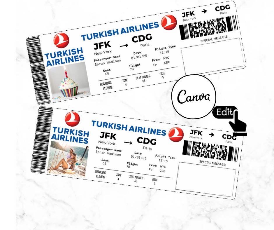 Editable Turkish Airlines Ticket Template, Custom Airline Ticket ...