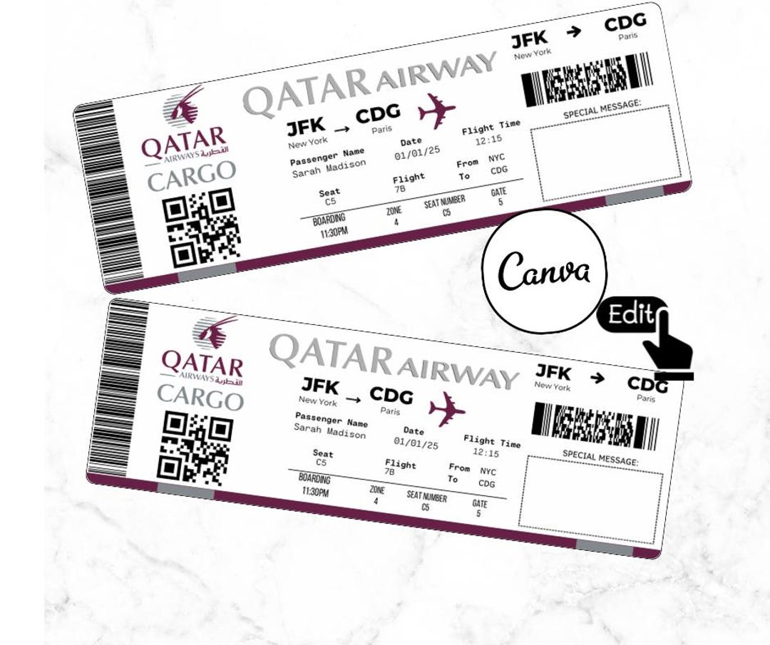 Editable QATAR Airways Ticket Template, Custom Airline Ticket Printable ...