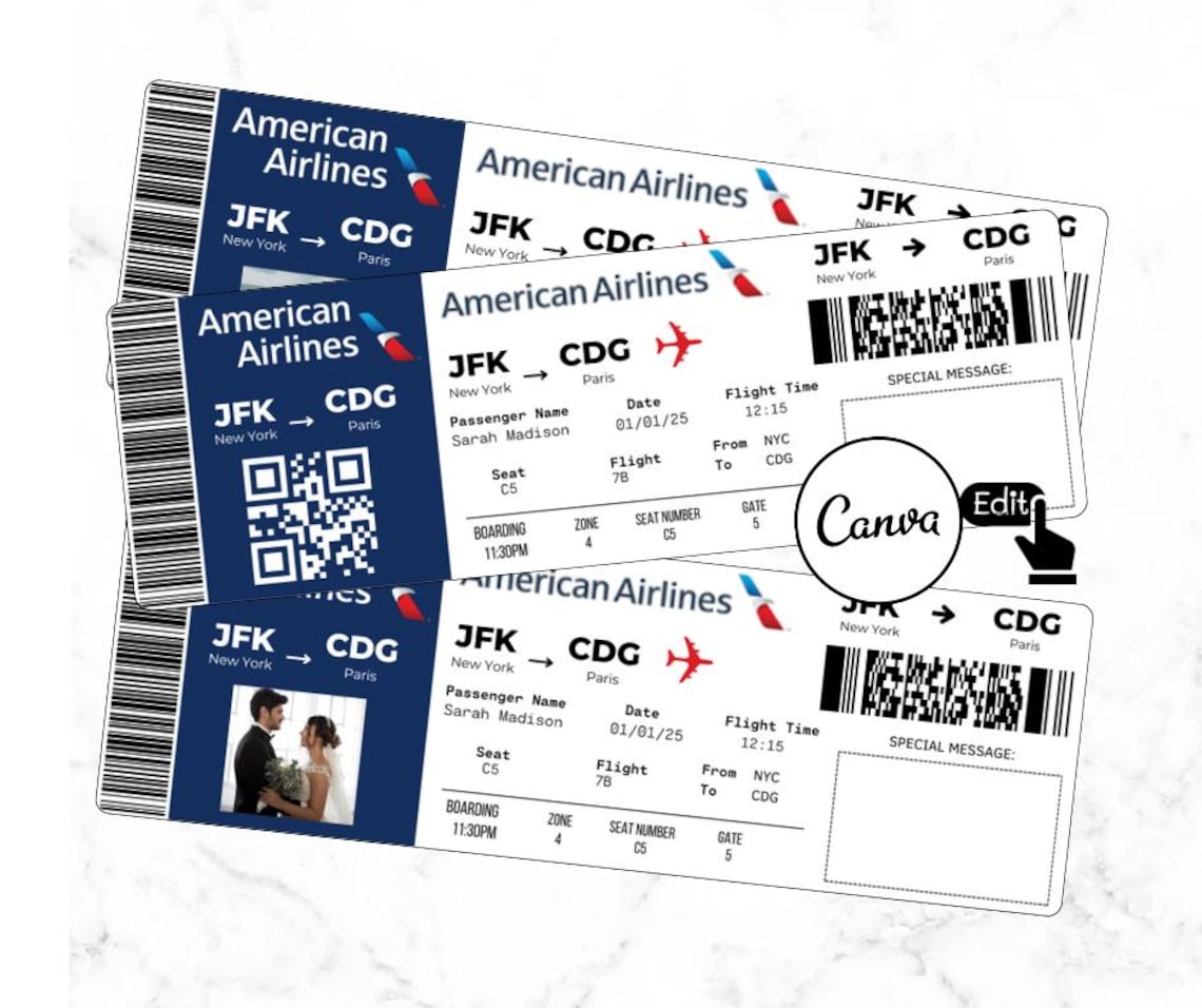 Editable American Airlines Ticket Template, Custom Airline AA Ticket ...