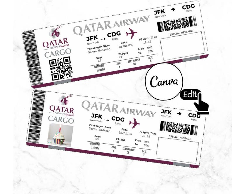 Editable QATAR Airways Ticket Template, Custom Airline Ticket Printable ...