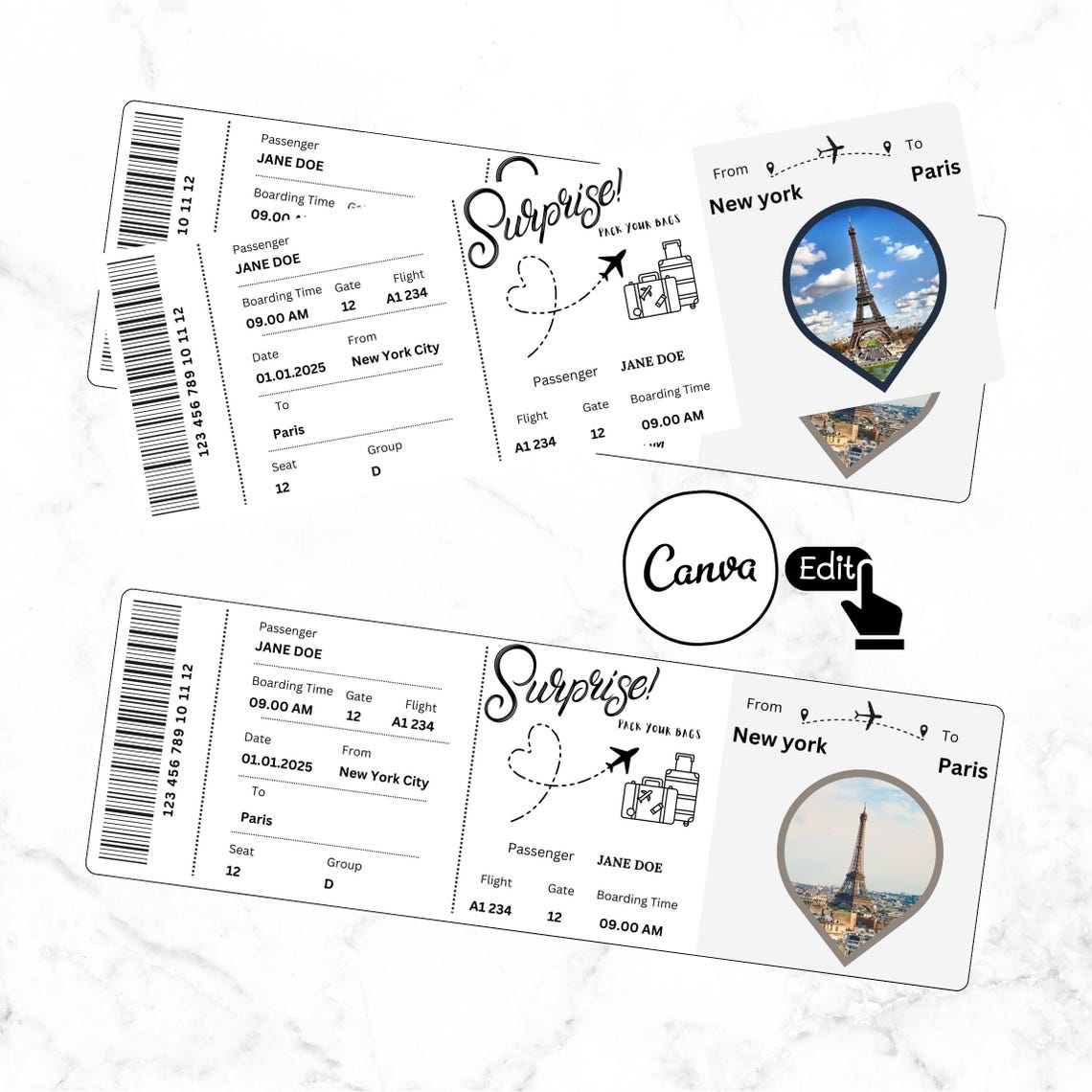 Editable Travel Ticket Template, DIY Airplane Ticket, Custom Airline Ticket Gift,surprise ...