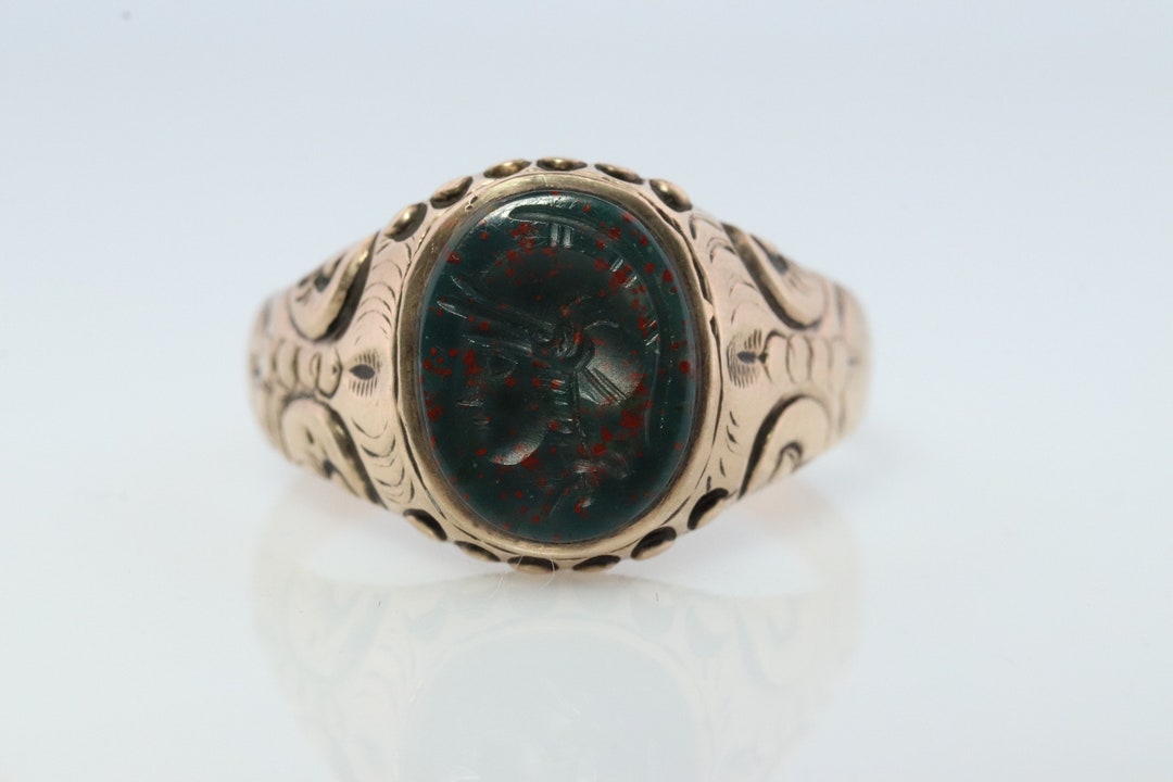 10k Bloodstone Ring. Black and Red Blood Stone Yellow Gold Signet Ring ...