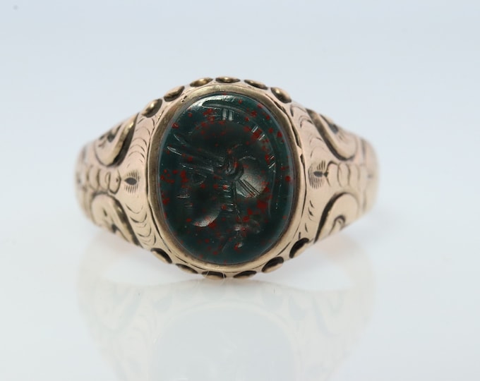 10k Bloodstone Ring. Black and Red Blood Stone Yellow Gold Signet Ring ...