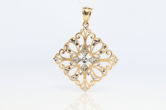 14k Filigree Diamond Pendant Medallion. 14k Gold Geom… - Gem