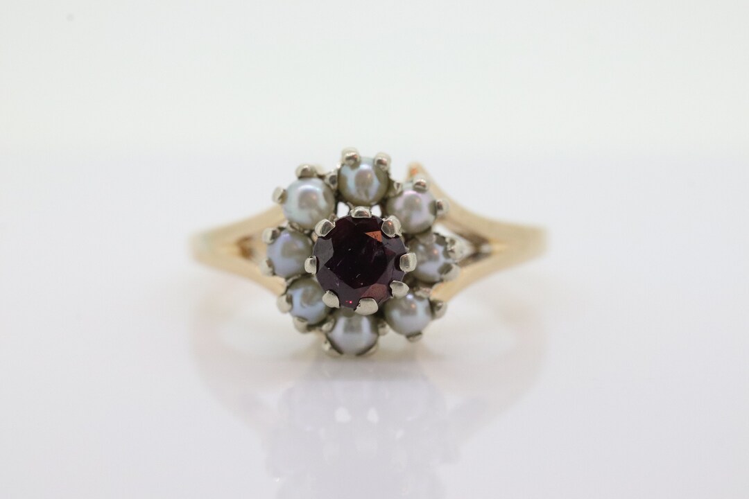 14k Ruby and Pearl Halo Ring. Victorian Ruby Prong Set Pearl Cluster ...