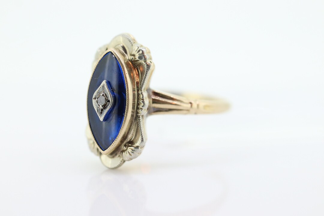 Antique 10k Blue Spinel Glass and Diamond Ring. Victorian Mourning Ring ...