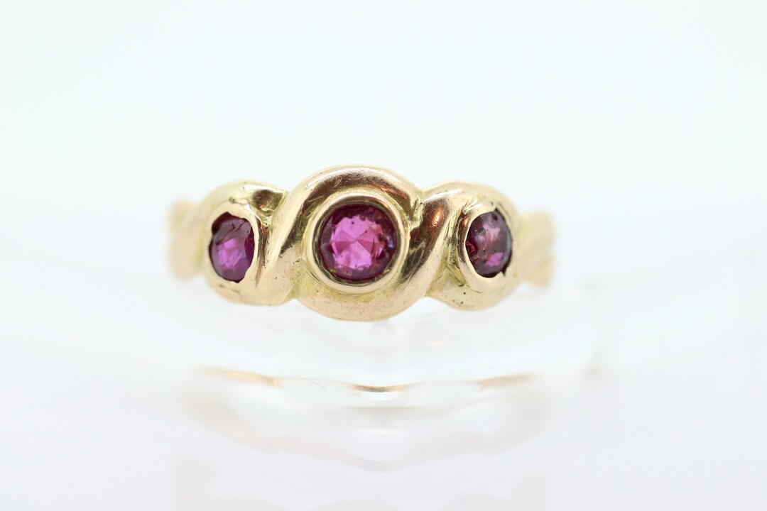 Antique 14k Ruby Ring. Bezel Set Triple Ruby Ring. 14k Yellow Gold and Trio Trinity Trilogy Ruby ...