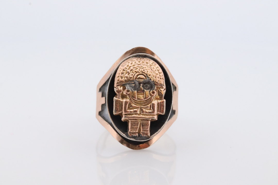 18k Heavy Signet Ring. Aztec Mayan or Inca With Warrior Head Chief Bust ...