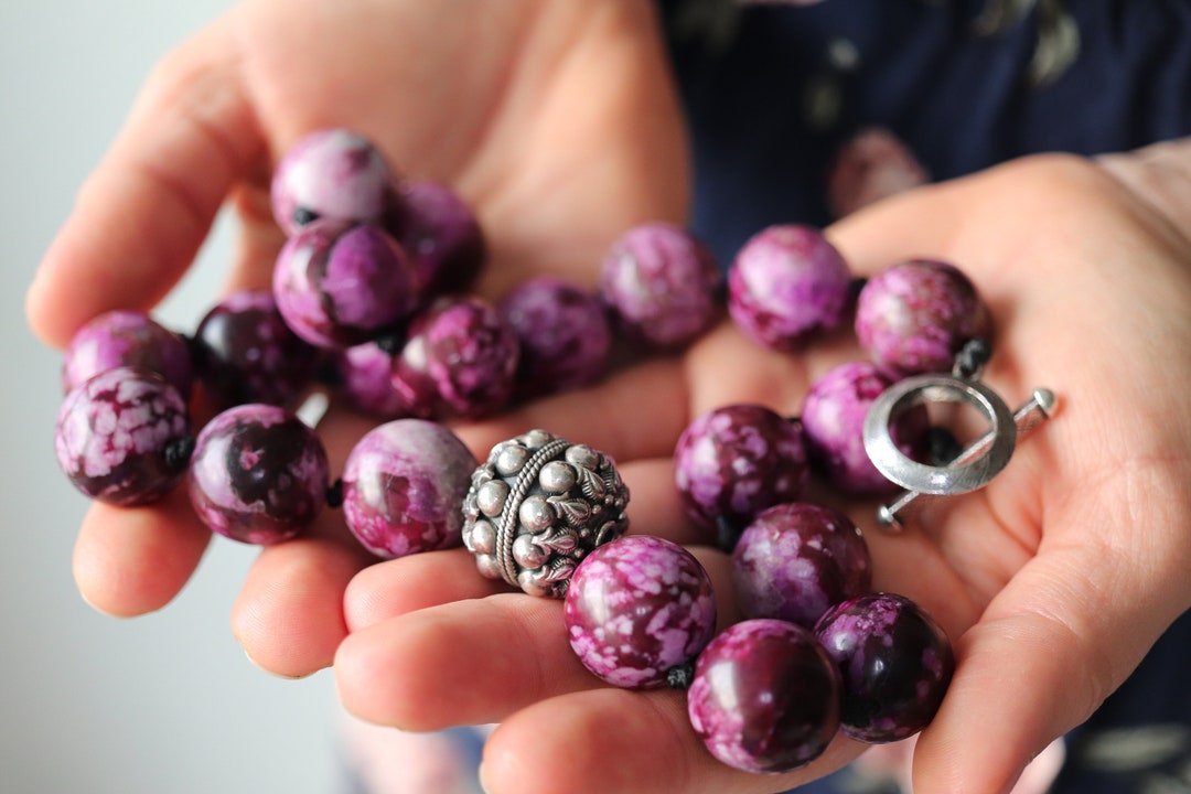 Dian Malouf Necklace. Round Charoite Heavy Sterling Silver Bead ...
