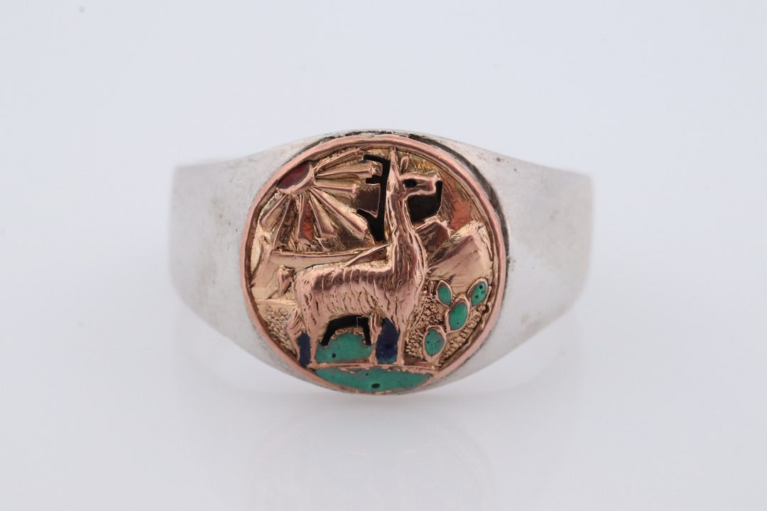 18k Heavy Signet Ring. Aztec Mayan or Inca With Llama Alpaca Scenery ...
