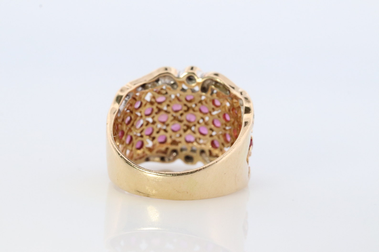 14k Ruby and Diamond Wide Pave Cluster Encrusted Ring. 14k Yellow Gold ...