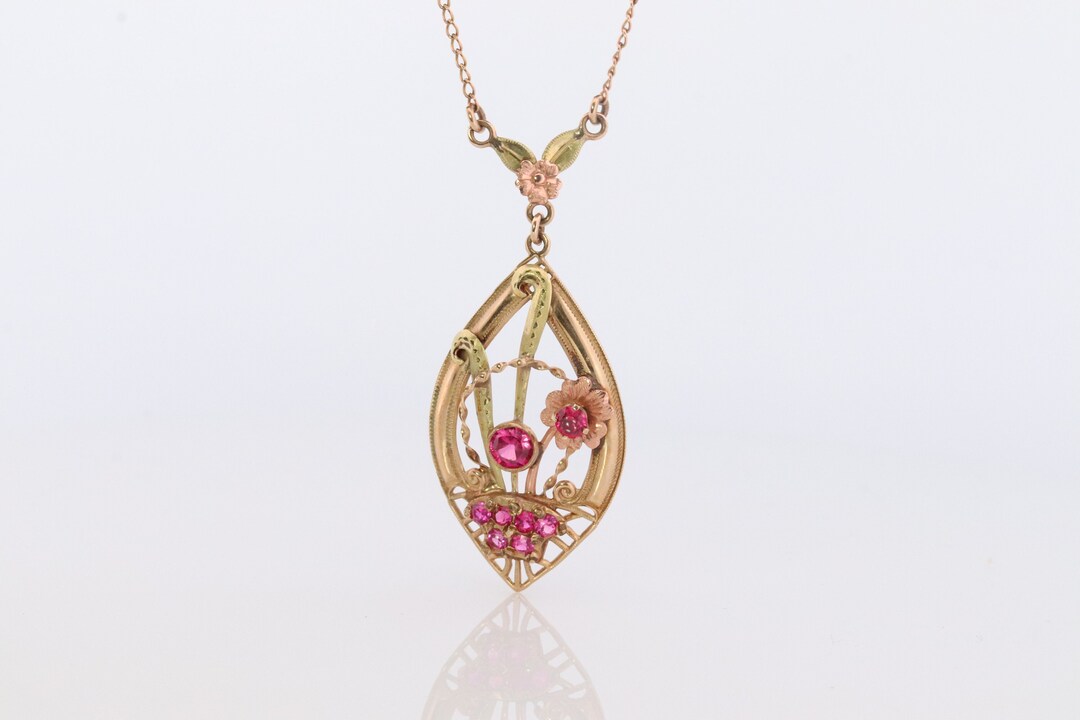 Antique Victorian Lavaliere Pendant Necklace. 10k Rose and Yellow Gold ...
