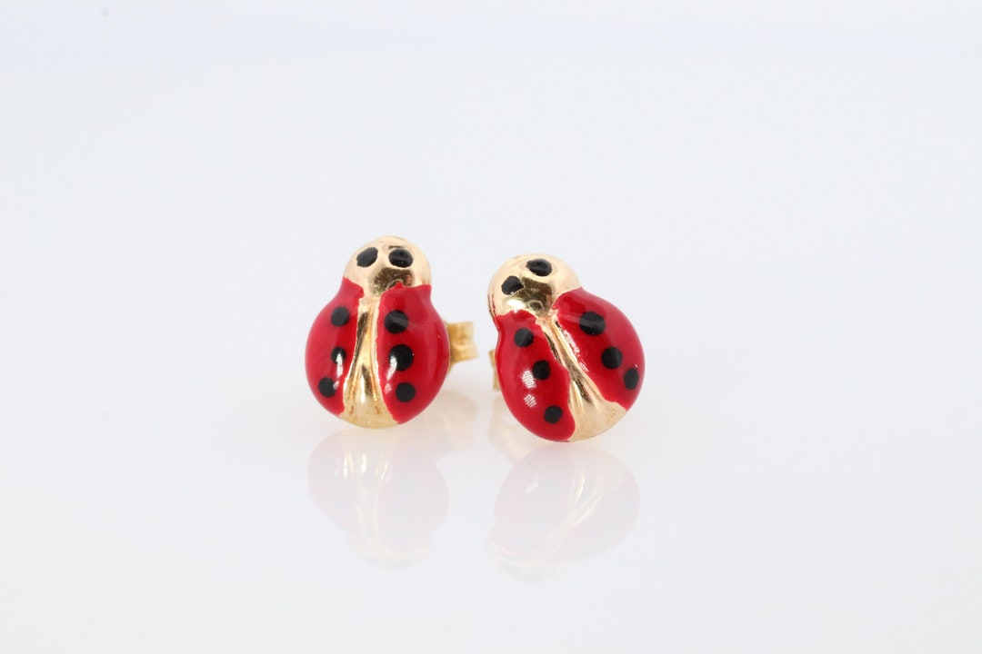 LADYBUG Earrings. 14k Yellow Gold Enamel Painted Lady Bug Stud Earring ...