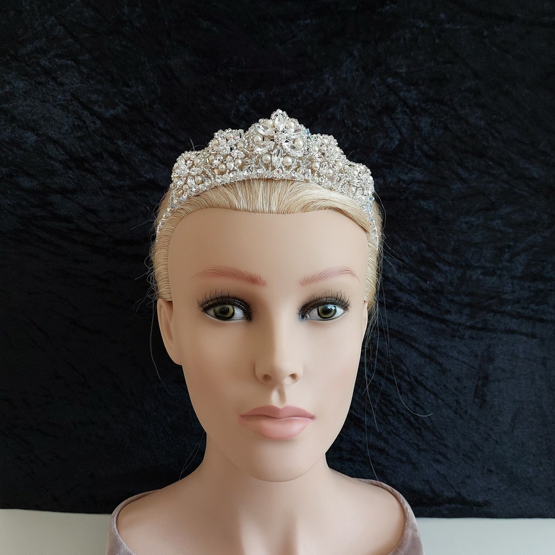 Unique Bride Tiara Solid Look Marquise Crystals and Ivory Pearl Silver ...