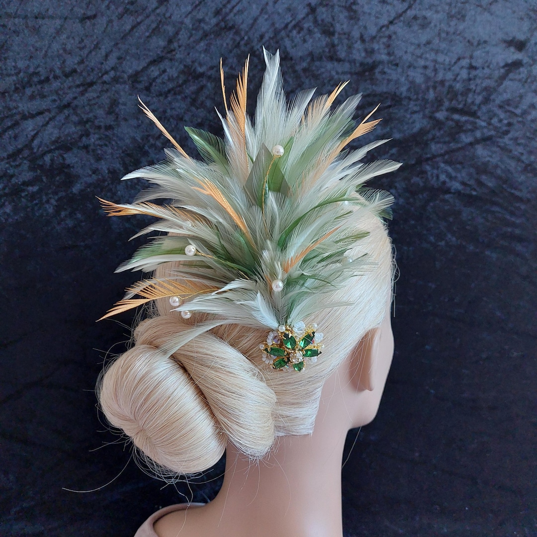 Unique Light & Dark Sage Green Feather Fascinator: UK Handmade Brooch ...